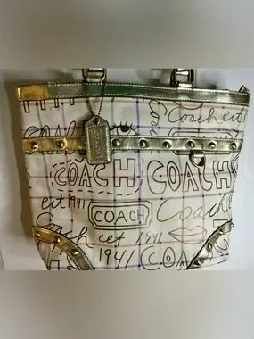 Coach | Bags | Coach Heritage Tattersall Gold Graffiti Canvas Shoulder ...